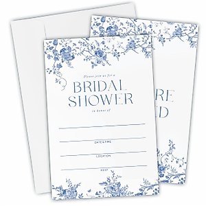 DYIRBIIY 25 Bridal Shower Invitation With Envelopes - Blue Floral White Fill In Style Invitations For New Couples, Mr And Mrs, Newlyweds Invites, Party Favor & Supplies - A11