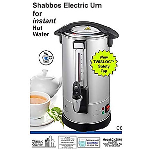 Classic Kitchen 40 Cup Capacity Hot Water Boiler Urn with new Twisloc˜ Safety Locking Tap, Metal Spout, Stainless Steel Double Wall and a Unique Circuit Board controlled Heating System allowing for Instant Reboil. Perfect for Keeping Hot Water for Tea, Co