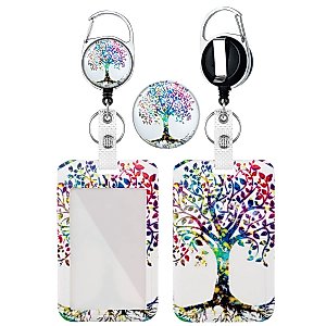 WoEluone Heavy-Duty Badge Holder Retractable Badge Reel with Belt Clip & Key Ring - Vertical ID Work Badge with Nature Tree of Life Design - Perfect for Office Workers, Nurses, Teachers, and Students