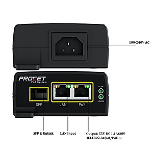 PROCET SFP Fiber PoE Injector 60W SFP Uplink PoE++ Power Injector Gigabit IEEE802.3af/at Compliant, -40℉ to 131℉ for PTZ Camera, Access Point, POS, Kiosk