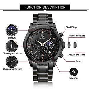 BY BENYAR Men's Watches Analog Quartz Chronograph Waterproof Stainless Steel Wrist Watches for Men Business Work Casual Sport Black Mens Dress Watch Unique Elegant Gifts for Men