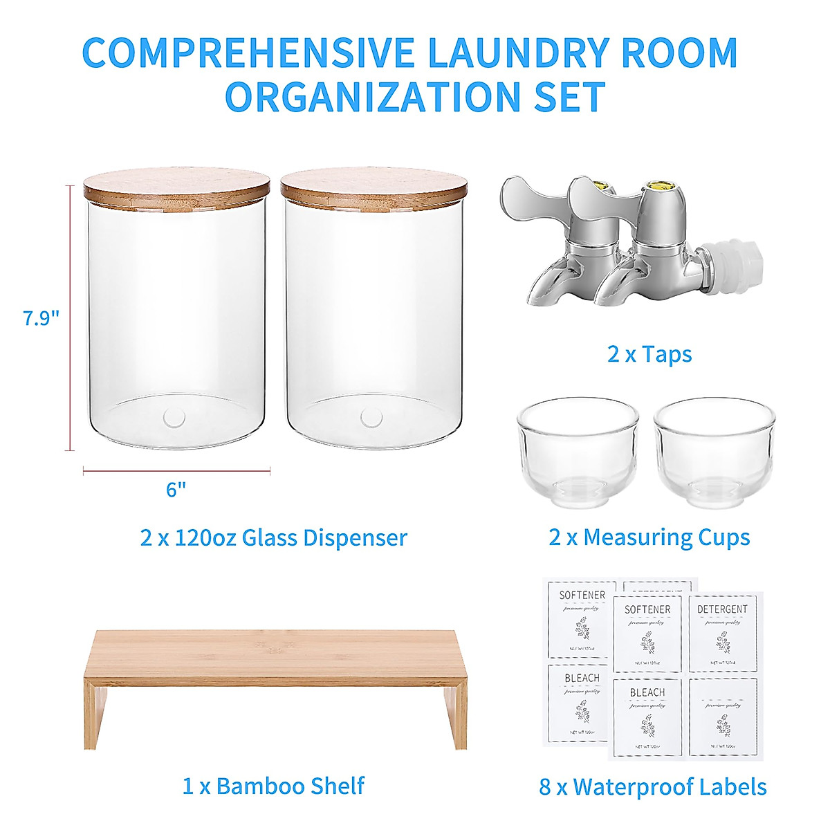 Laundry Detergent Dispenser with Bamboo Lids, Shelf Stand, Spouts, 8 Waterproof Labels, 2 Glass Cups for Liquid Detergent - 2-Pack 120 oz Glass Containers for Laundry Room Organization and Storage