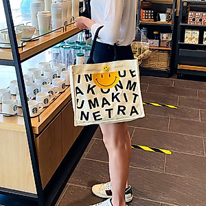 ROUGH & RAW, Tote Bag with Letter Smile Colorful Straps Shoulder Bag Canvas Single Shoulder Smile Face Bag Women`s Handbag Shopping Bags