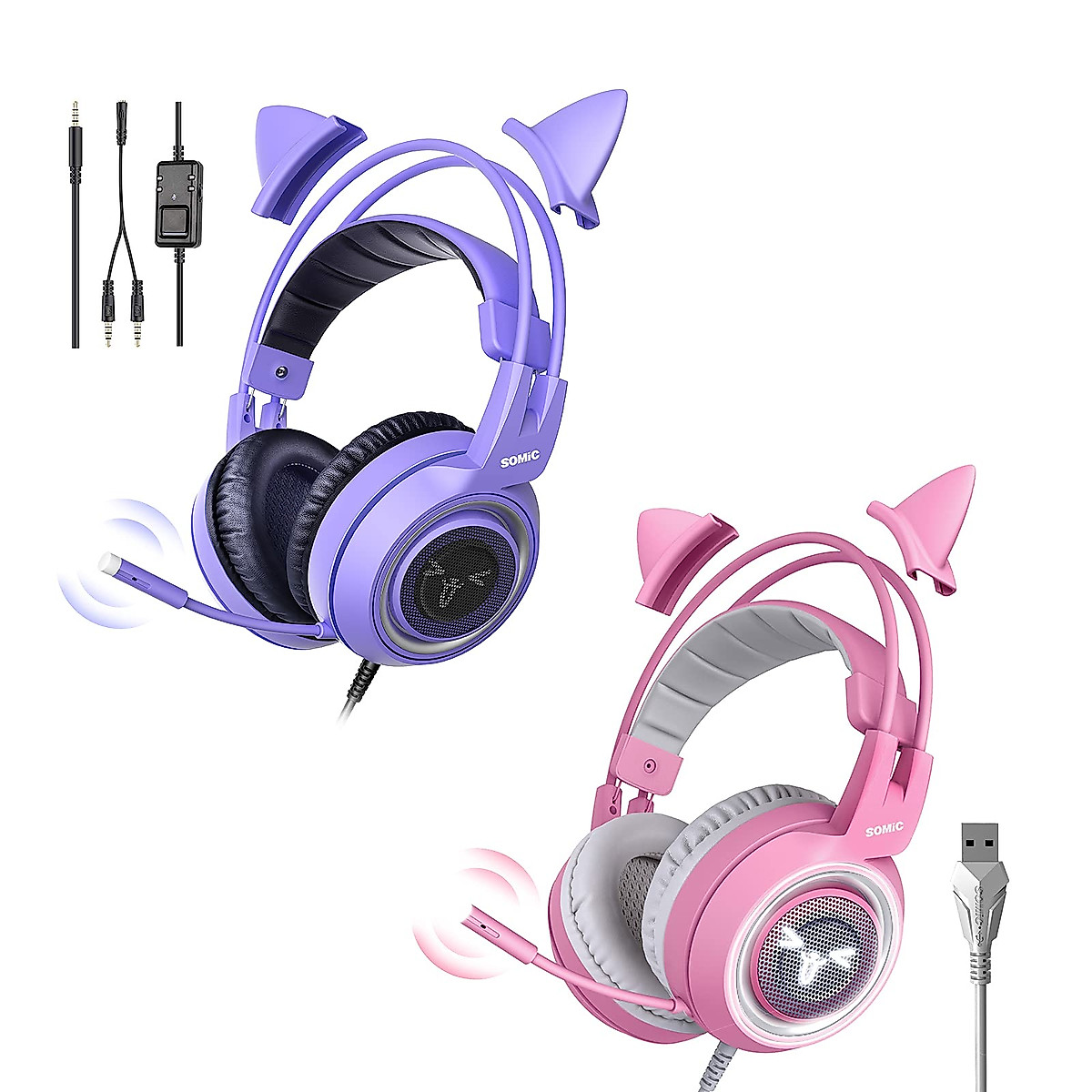 SOMIC 2 Pack Cat Headset, G951s Balck Stereo Gaming Headset with Mic for PS4, PC, Xbox One & G951 Pink Gaming Headset with Brethable LED Light for Girls, Women