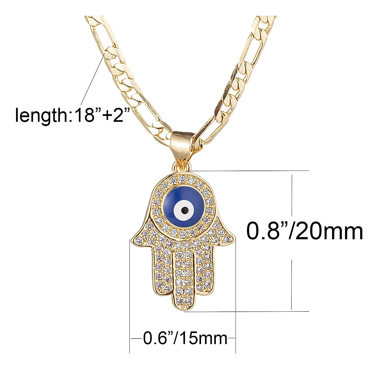 kelistom 14K Gold Plated Evil Eye Hamsa Hand Necklace for Women Men | Gold Cubic Zirconia Inlay Evil Eye Pendant Necklace | 3mm Figaro Chain Necklace 18/22 inches