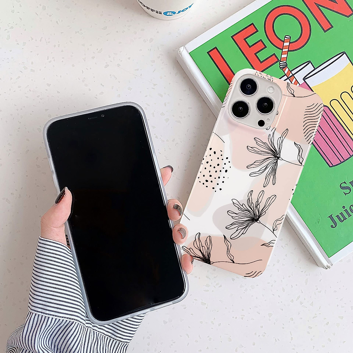 J.west Design for iPhone 13 Pro Max Case 6.7",Aesthetic Minimalist Boho Modern Abstract Prints Slim Geometric Line Plant Floral Pattern Pink Soft TPU Shockproof Cover Protective Phone Case for Women