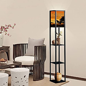 JITHCG African Nature African Savanna Landscape Standing Lamp with Shelves Flaxen Fabric Shade Floor Lamp Tall lamp Corner Bedside Lamp for Living Room Bedroom Aesthetic Decor