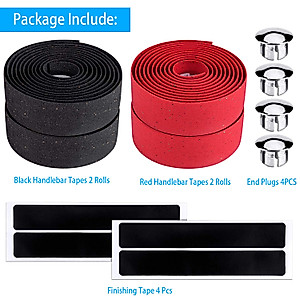Awpeye Bicycle Handlebar Tape Cork Bar Tape with End Plugs for Road Bike and Cycling - 4 Rolls (Black, Red)