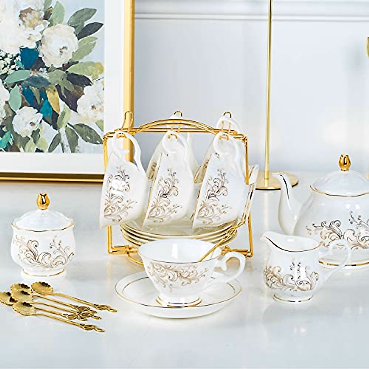 Daveinmic 22-Pieces Porcelain Bone china Tea Sets,Gold Rim Coffee Set with Golden Metal Rack,Cups,Saucers,Spoons,Teapot,Sugar Bowl,Creamer Pitcher,Tea Gift Sets for Home&Party(Gold Rim phoenix set)