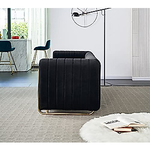 Melpomene Vertical Channel Tufted Velvet Sofa with Round Arm and Gold Metal Legs,Armrest 84.25" W（Black）
