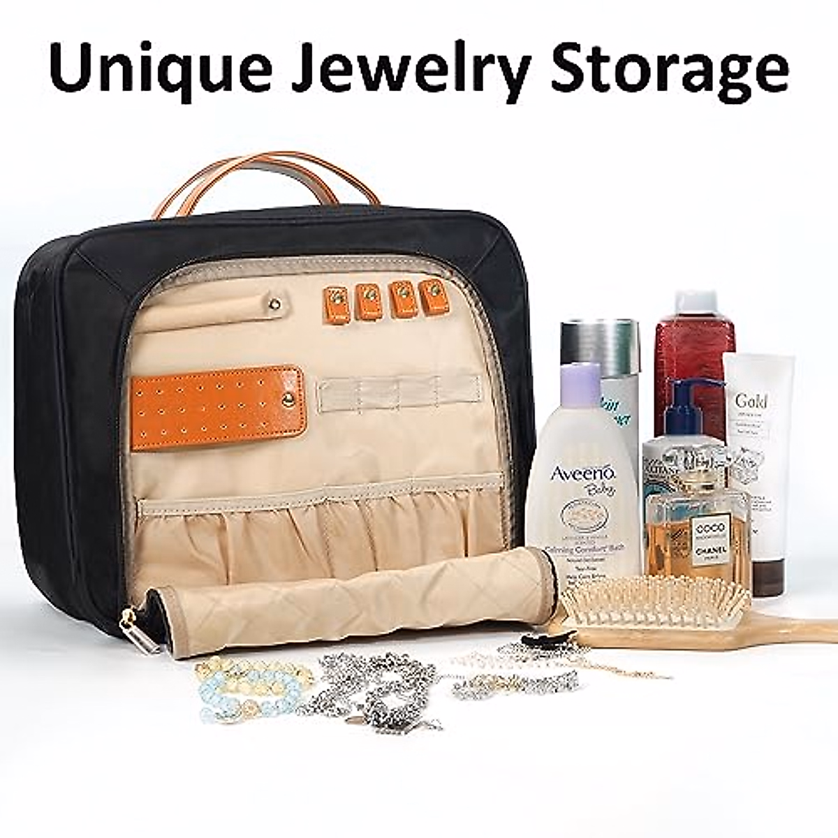 TOUCHFEEL Hanging Toiletry Bag for Women, Travel Makeup Bag Organizer, Extra Large Toiletries Bag, Water-resistant Bathroom Cosmetic Bag with Jewelry Organizer Compartment (Black, Medium)