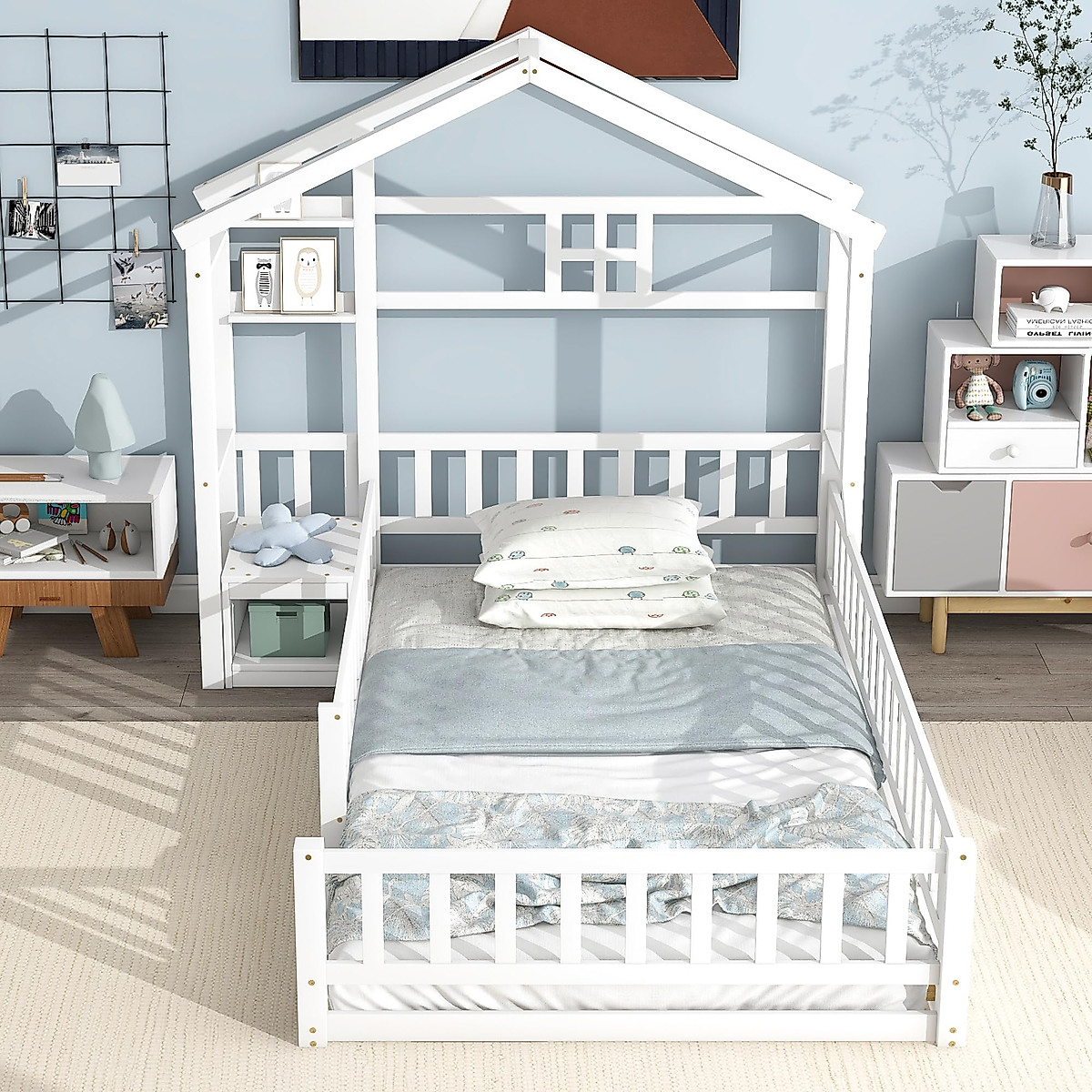 Twin Size Floor Bed with Bedside Stand,Kids Montessori Floor Bed with House-Shaped Headboard,Twin House Bed Frame for Kids,Girls,Boys,White