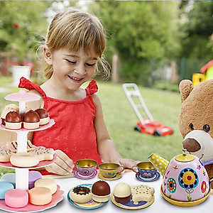 Hummigoo Tea Set for Little Girls, Pretend Tea Party Set for Kids Age 3 4 5 6 7 8 9, Kids Kitchen Pretend Play Tin Tea Set with Carrying Case and Food Dessert Playset for Girls Princess Boys