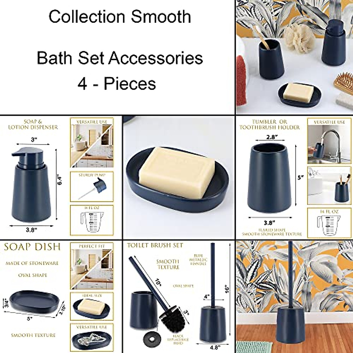 Navy Blue Bathroom Accessory Set - 4 Pieces - Sleek & Practical - Overcome Bathroom Issues with Our Smooth Collection for Organized, Sophisticated & Convenient Decor