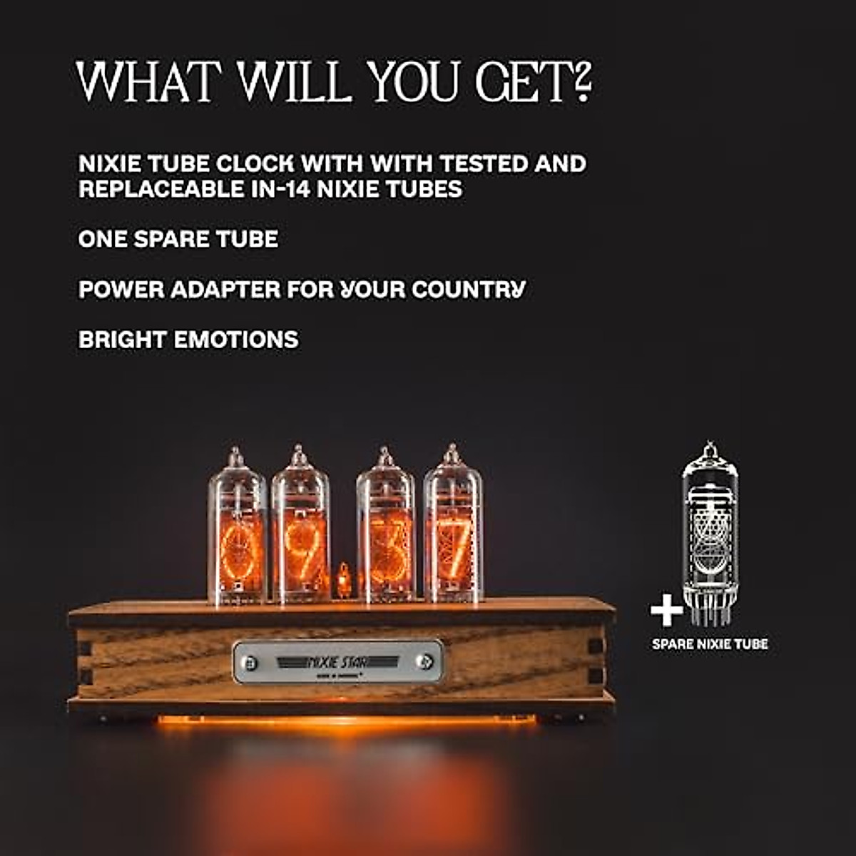 Authentic Nixie Tube Clock Bundle with Spare IN-14 Nixie Tube, Motion Temperature Humidity Sensors, Dual RGB LED Backlight, Alarm Clock, Visual Effects, Replaceable Nixie Tubes, Made in Ukraine