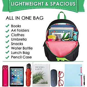 Kasqo Kids Backpack, 14" Toddler Backpack for Little Boys and Girls Kindergarten Preschool Bookbag With Chest Strap, Black Dinosaur