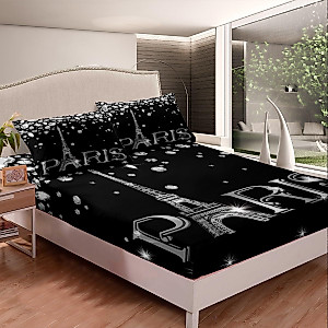 Eiffel Tower Sheet Set Full Size,Romantic Paris Tower Bed Sheets for Teens Adult,Gradient Diamond Bedding Set,Black White Sparkles Sequins Valentines Fitted Sheet + Top Sheet + 2 Pillow Shams