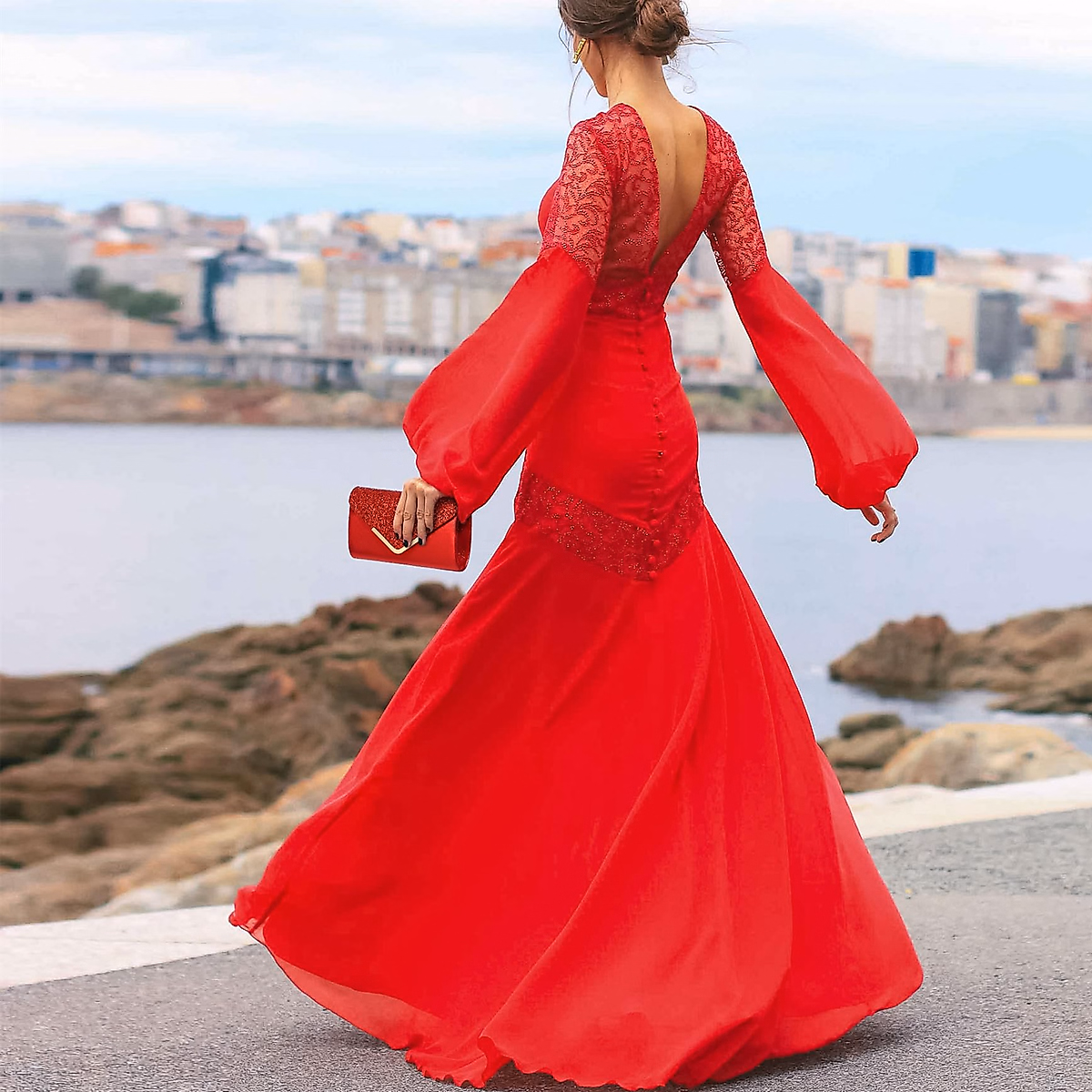 Dasein Women Evening Bags Formal Clutch Purses for Wedding Party Prom Handbags with Shoulder Strap and Glitter Flap (Red)