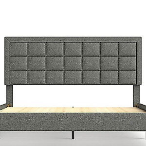 Nazhura Queen Size Bed Frame Upholstered Modern Low Profile Platform with Tufted Headboard/No Box Spring Needed/Linen Fabric Upholstery/Charcoal Grey