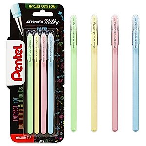 Pentel Hybrid - Milky Gel Rollerball Pen - K108 - Blister Pack of 4 Pastel Pens - Green, Yellow, Pink and Blue