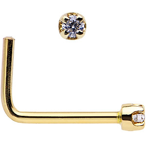 Body Candy 14k Gold L-Shaped Nose Ring with 1.5mm Diamond (0.015 cttw), Hypoallergenic Nose Jewelry - Handmade in USA, 20 Gauge 1/4 inch at Bend