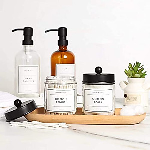 KUSVADO 2-Pack Bathroom Apothecary Storage Jars, Vanity Countertop Canister, Glass Jars Q-tip Holder, Cotton Swab Container, Bathroom Storage Container with 8 Pcs Waterproof Labels (9 Oz, Clear)