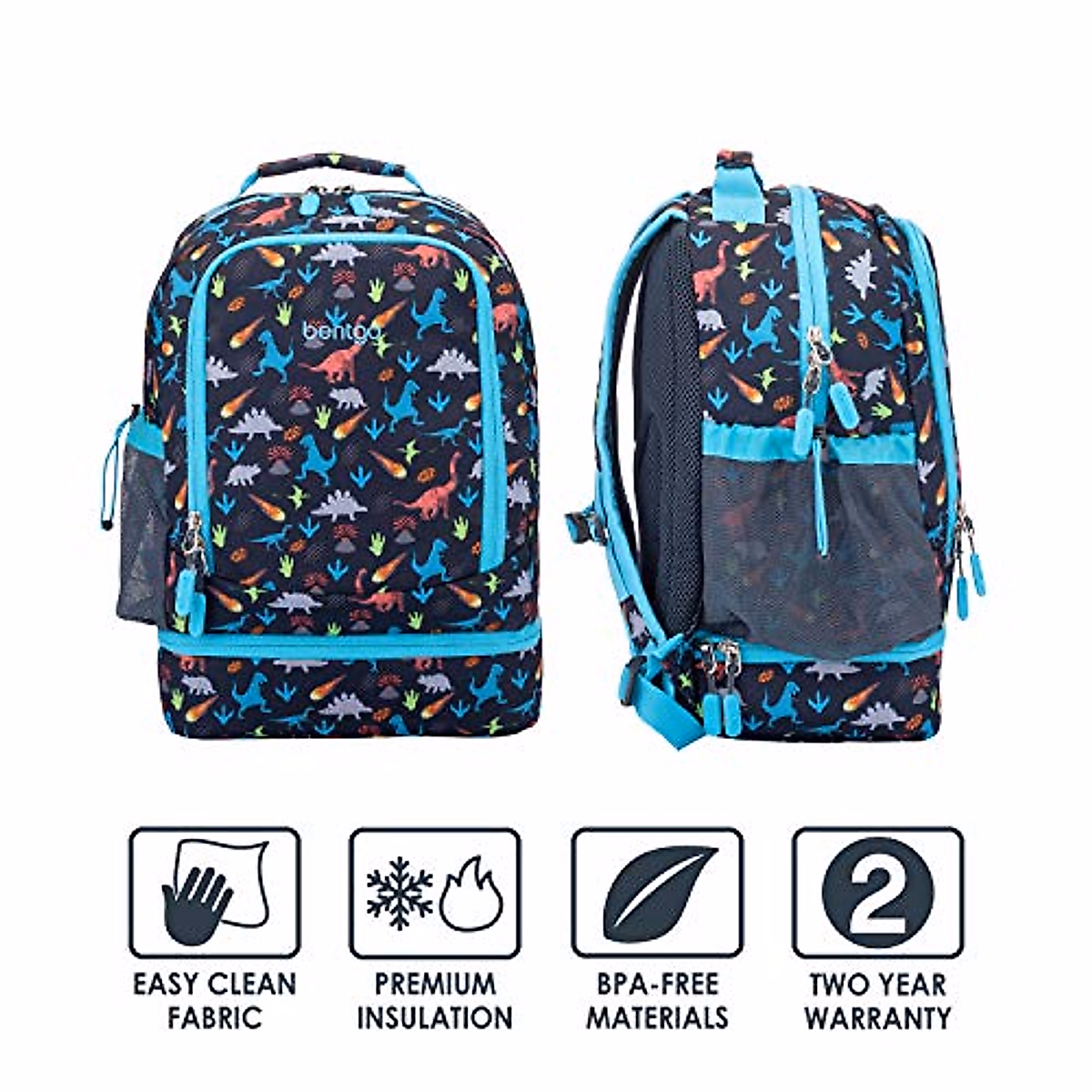Bentgo 2-in-1 Backpack & Insulated Lunch Bag Set With Kids Prints Lunch Box and 4 Reusable Ice Packs (Dinosaur)