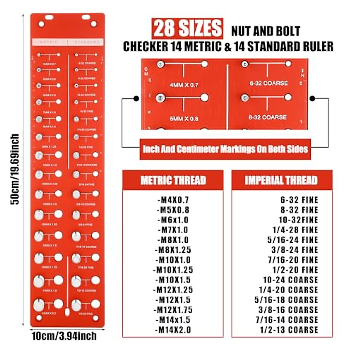 Retisee 28 Size 4'' x 20'' Bolt and Nut Identifier Gauge Nut Bolt Size and Thread Identifier Thread Pitch Gauge Standard Inch and Centimeter Ruler (Red,Classic)