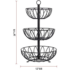 Rice rat 3-Tier Fruit Bowl Metal Wire Fruit Basket Bread Vegetable Organizer Storage Organizer Black Cast Iron