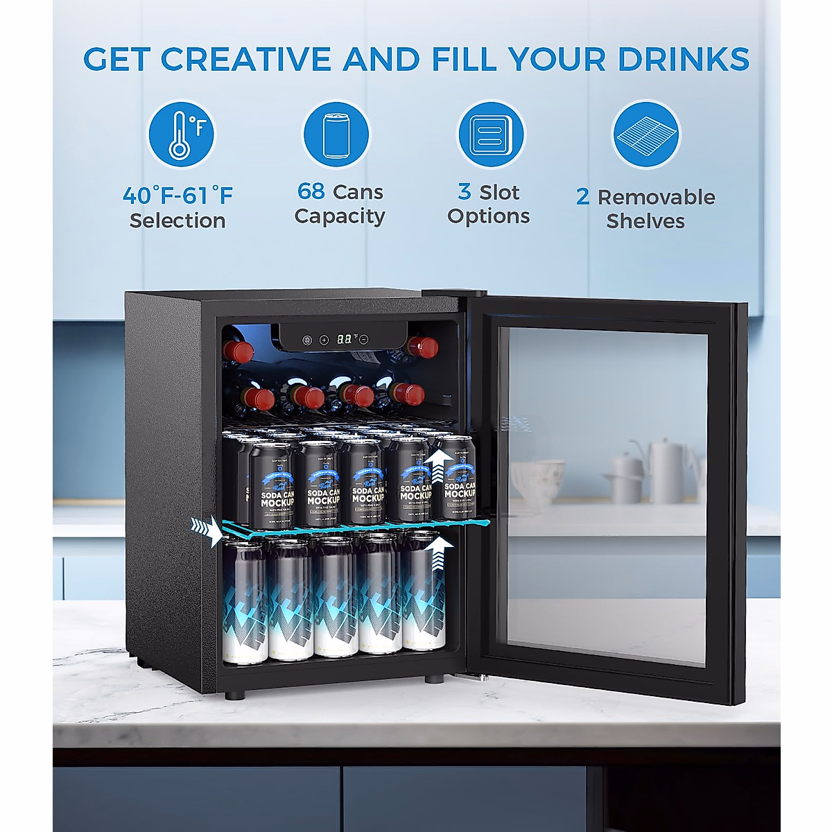 Joy Pebble Beverage Refrigerator and Cooler,1.7 Cu.ft,68 Can Mini Fridge Clear Glass Door for Wine Soda Beer,16 Bottle Wine Cooler with Touch Screen Adjustable Shelves for Home Bar Office,Black