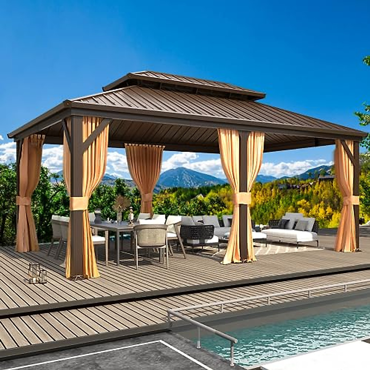 MELLCOM 12'x18' Hardtop Gazebo, Galvanized Steel Metal Double Roof Aluminum Gazebo with Curtain and Netting, Brown Permanent Pavilion Gazebo for Patio, Lawn & Garden