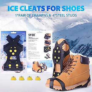 Sfee Ice Cleats for Boots Shoes, Snow Grips Cleats for Ice and Snow Anti-Slip Rubber Traction Cleats for Walking on Snow and Ice 10 Steel Studs Crampons for Hiking, Walking, Climbing, Jogging