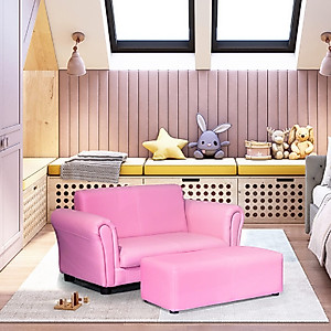 INFANS 2 Seat Children Sofa, Upholstered Couch with Footstool Sturdy Wood Construction, Armrest Couch for Preschool Children Boys Girls, Kid Couch Lounge Bed with Ottoman (Pink)