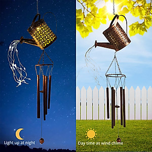 Solar Wind Chimes Waterproof Metal Wind Chime with Watering Can Lights Unique Hanging Windchimes Outdoor Garden Decor,Without Shepherd Hook…