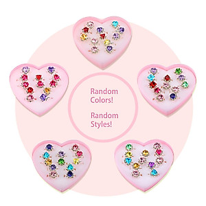 Hifot 12 pcs Girls Crystal Adjustable Rings, Princess Jewelry Finger Rings with Heart Shape Box, Girl Pretend Play and Dress up Rings for Children Kids Little Girls - Random