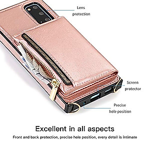 UEEBAI Crossbody Wallet Case for Samsung Galaxy S20 FE 5G, PU Leather Zipper Wallet Case with Card Slots with Removable Crossbody Wrist Strap Kickstand Magnetic Flip Case Cover - Rose Gold