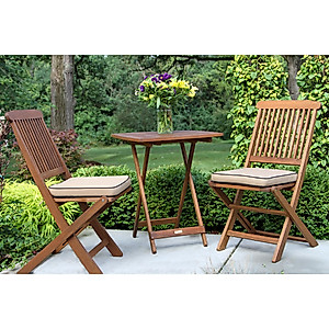 Outdoor Interiors Eucalyptus Wood 3-Piece Square Foldable Bistro Outdoor Furniture Patio Set, Table and 2 Chairs with Cushions, Beige