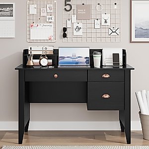 TTVIEW Computer Desk with Storage Drawers & USB Charging Port, Home Office Executive Desk with Hutch Shelf and File Drawer, Writing Study Table with 47" Wide Tabletop for Small Spaces, Black