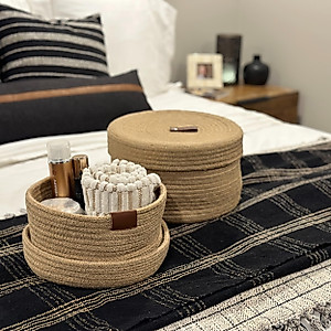 7Penn Jute Baskets - 2pc Round Decorative Natural Jute Rope Woven Storage Basket Set with Lids and Leather Tab Handle