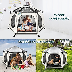 Baby Playpen for Babies and Toddlers, Indoor & Outdoor Portable Play Yard for Baby, Foldable Baby Beach Tent with Canopy and Travel Bag - Beige