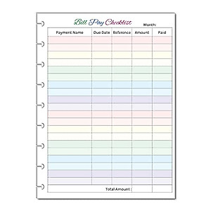 Colorful Monthly Budget Forms Bill Pay Checklist for Medium Size 9 Disc Planners, Fits 9-Disc Notebooks, 7"x9.25"