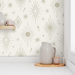 Peel & Stick Wallpaper Swatch - Beige Star Space Retro Neutral 60'S Whimsical Whimsy Magic Celestial Magical Boho Custom Removable Wallpaper by Spoonflower