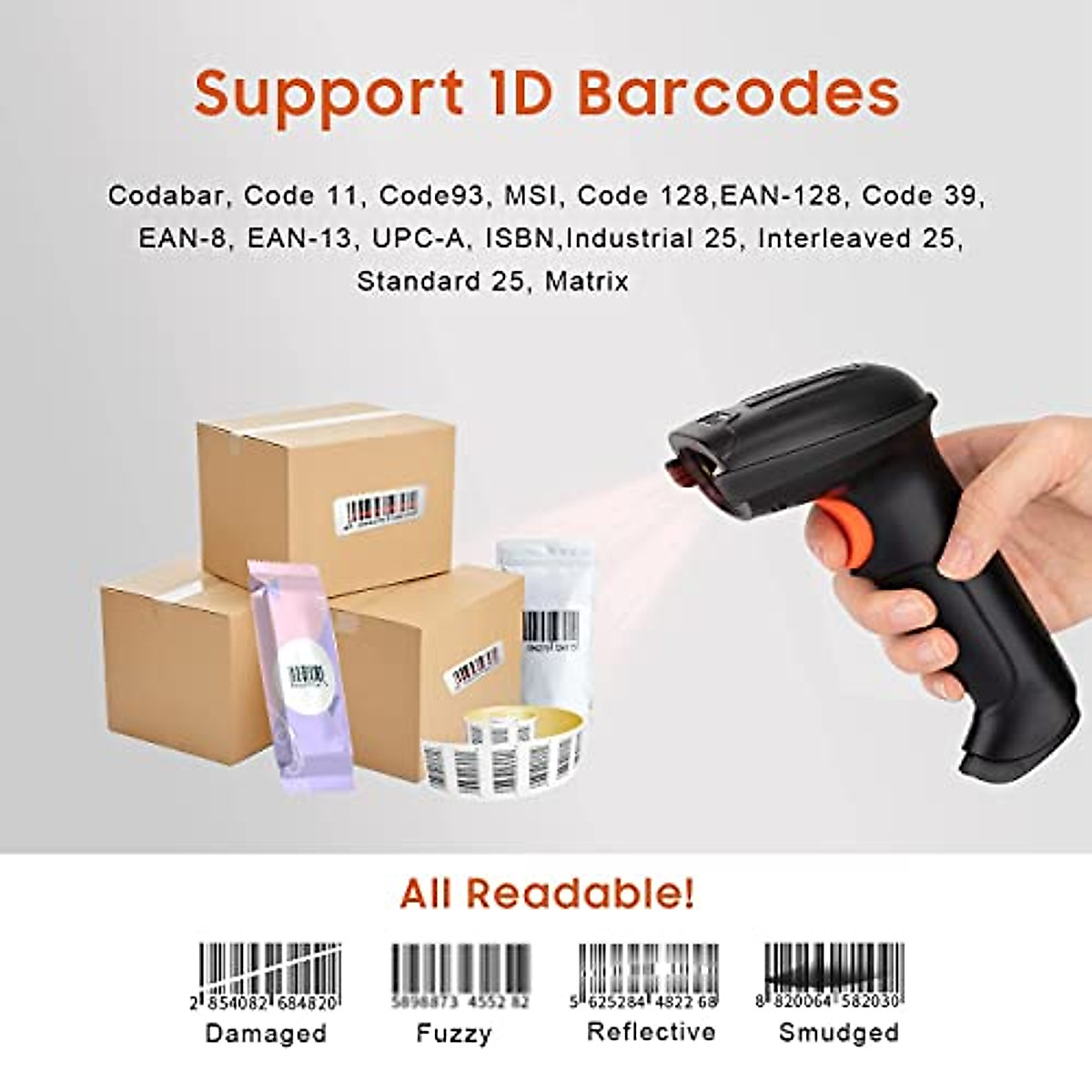 Tera Barcode Scanner Wireless Versatile 2-in-1 (2.4Ghz Wireless+USB 2.0 Wired) with Battery Level Indicator, 328 Feet Transmission Distance Rechargeable 1D Laser Bar Code Reader USB Handheld (Black)