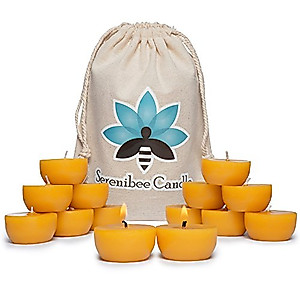 Beeswax Tea Light Candles - 100% Pure Beeswax with One Reusable Glass Candle Holder and Reusable Cotton Bag Eco Friendly Gift Set(12)