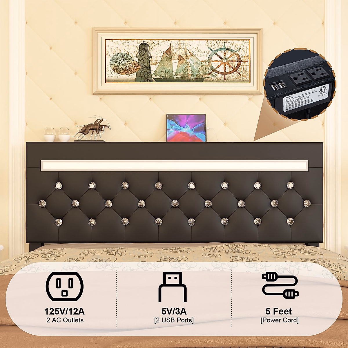 Kallabe Bed Frame Queen Size with Headboard, LED Leather Bed Frame Queen, Upholstered Platform Bed with USB Ports & Socket, APP Control, No Box Spring Needed, Black, TMY-US1015815-5