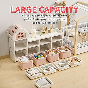 UNICOO Kids Cream House Storage Organizer with 3-Tier Shelves, Storage Rack & Bins for Nursery, Playroom, Study Room (Cream & Pink)