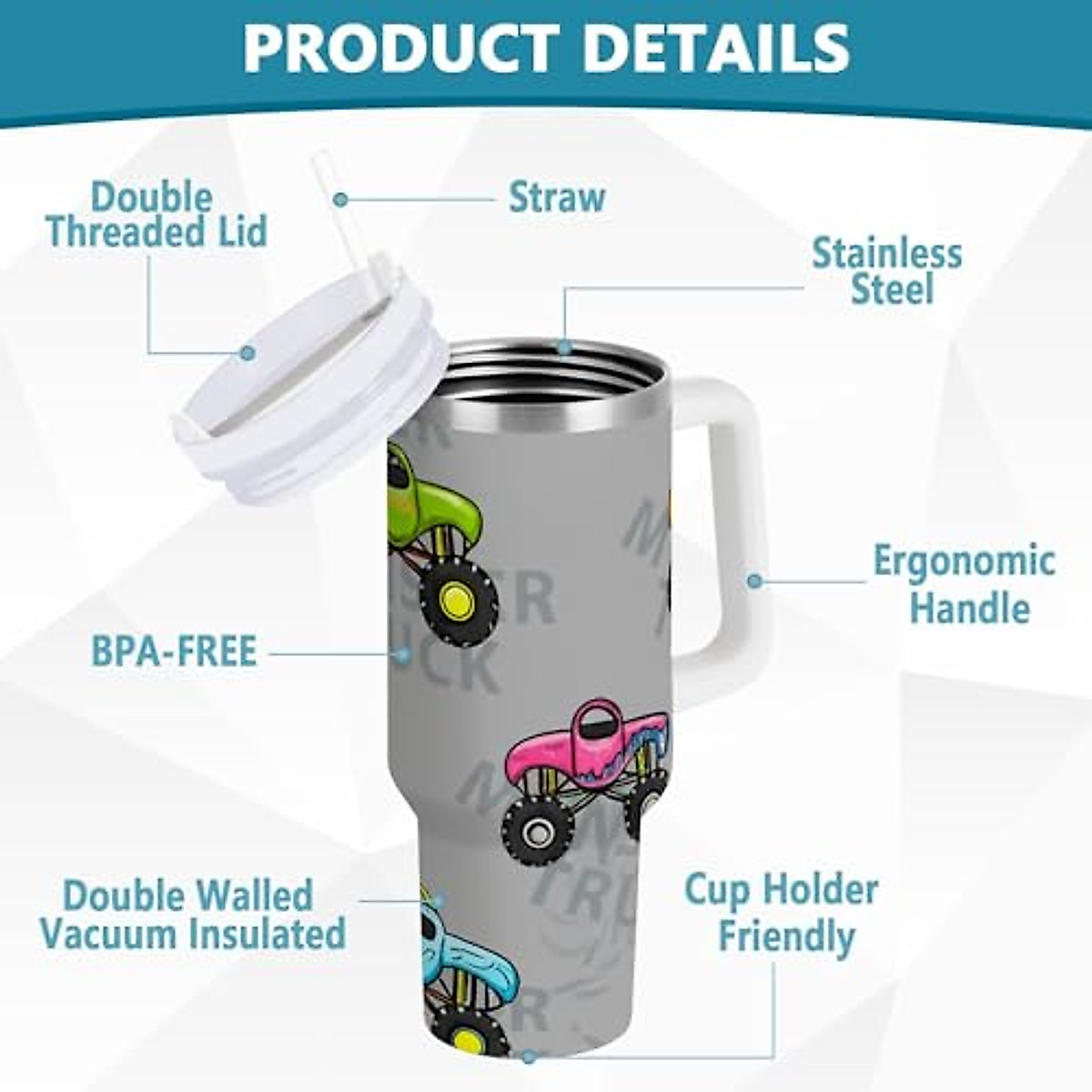 ODAWA Large Colorful Trucks Stainless Steel Tumblers with Handle and Straw Travel Insulated Tumblers