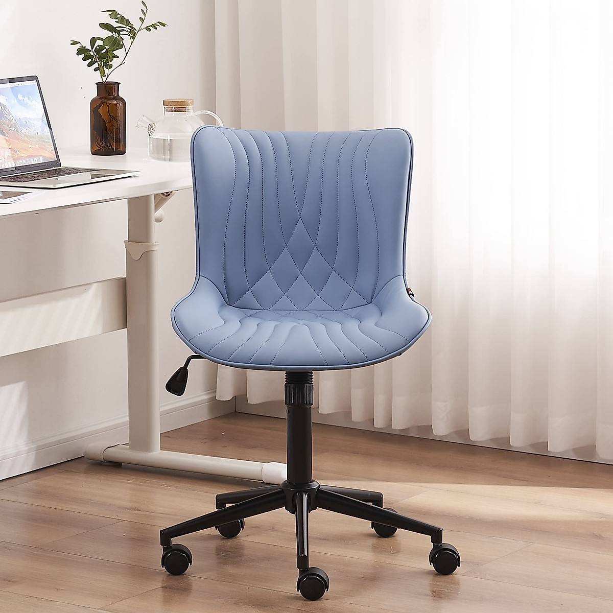 YOUNIKE Office Chair, Armless Desk Chair with Wheels, Aesthetic Home Office Computer Task Chairs, Modern Faux Leather Upholstered Vanity Chair, Adjustable Swivel Rocking Chair with Back, Blue