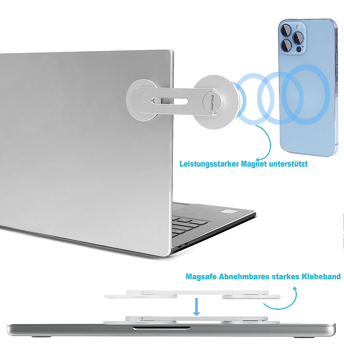 WeLohas Magnetic Phone Holder for Laptop,Continuity Camera Mount for iOS 16/macOS 13 Ventura,Suitable for iMac,Desktop Computer,Tesla Model 3/X/Y/S & iPhone 14/13/12,Adjustable Laptop Phone Holder