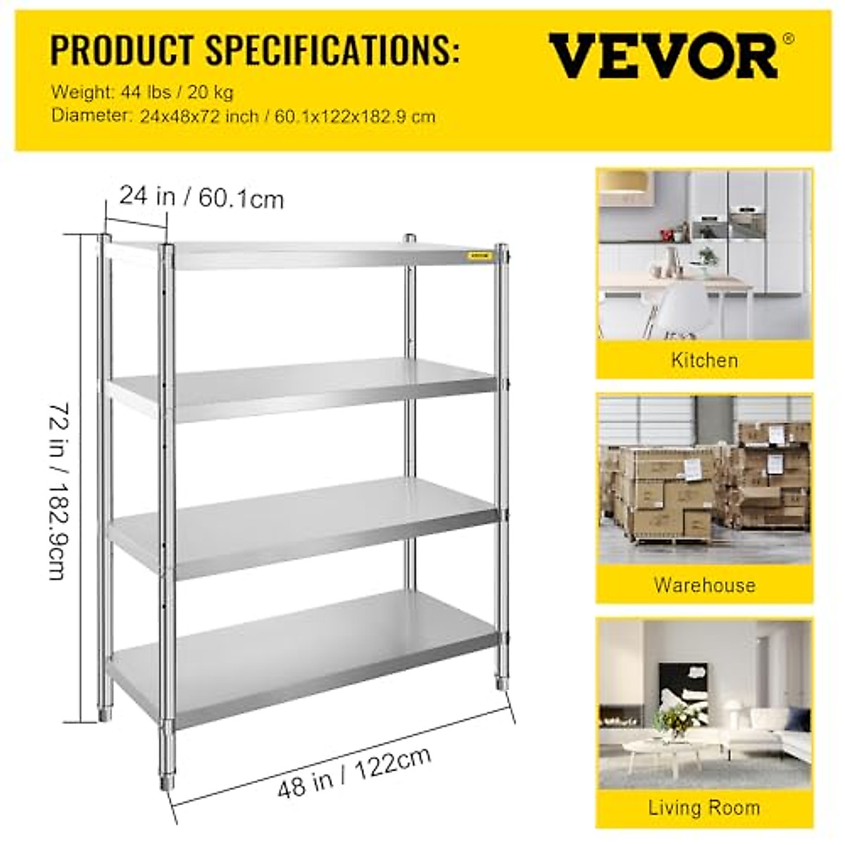 VBENLEM Stainless Steel Shelving 46.8x18.5 Inch 4 Tier Adjustable Shelf Storage Unit Stainless Steel Heavy Duty Shelving for Kitchen Commercial Office Garage Storage 330lb Per Shelf